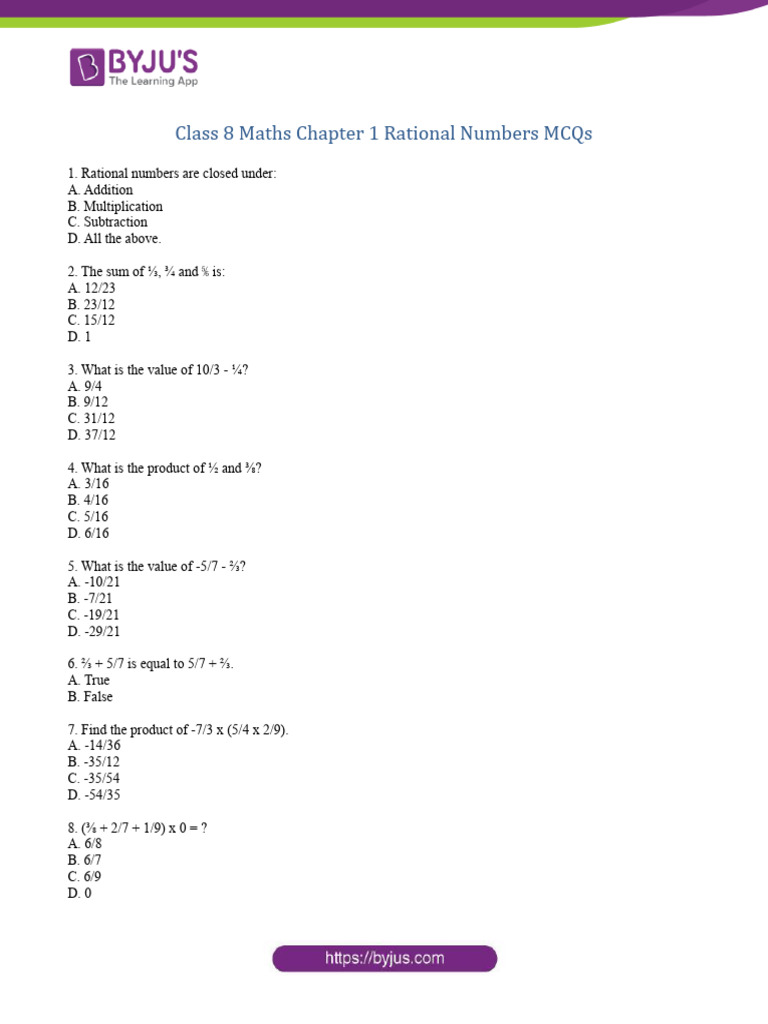 Class 8 Maths Chapter 1 Rational Numbers MCQs | PDF