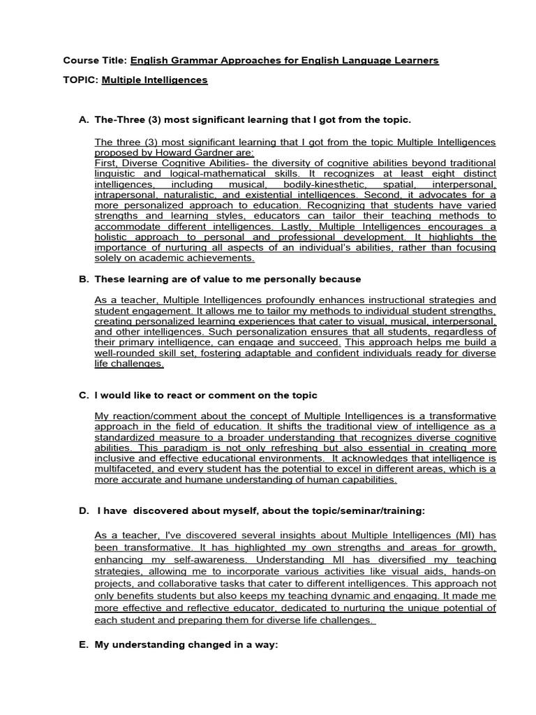REFLECTION-PAPER - Multiple Intelligences | PDF | Intelligence | Learning