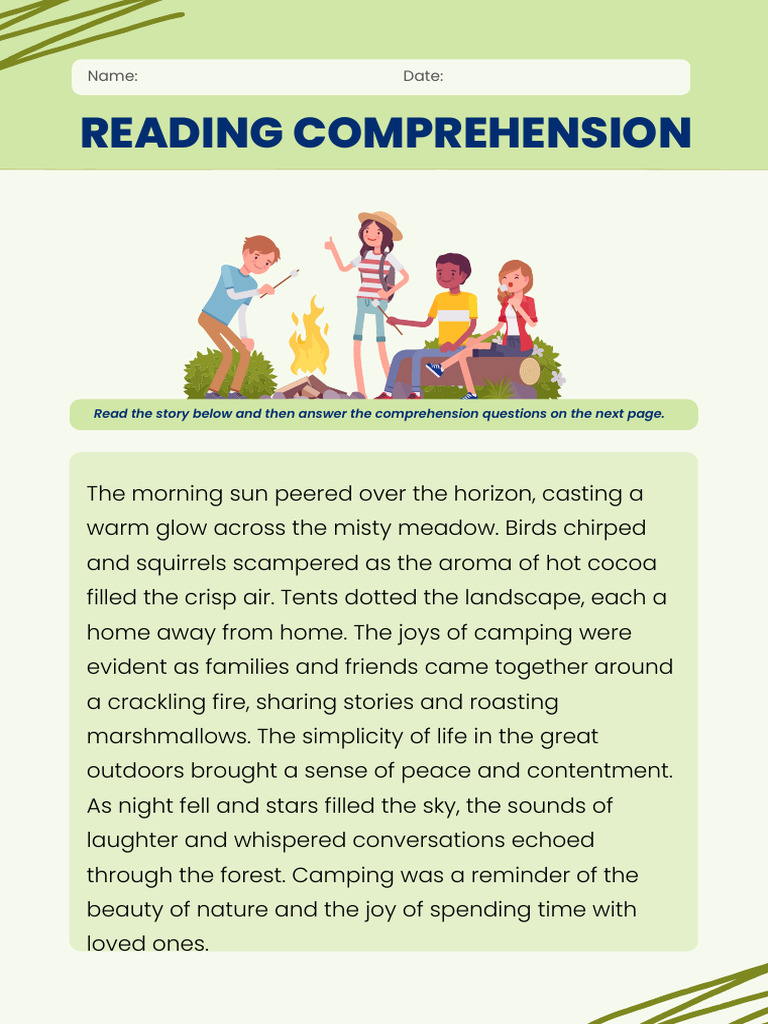 Green Blue English Reading Comprehension Worksheet | PDF