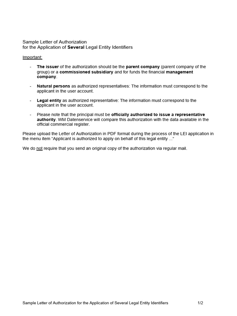LEI Application Authorization Letter Sample | PDF | Business