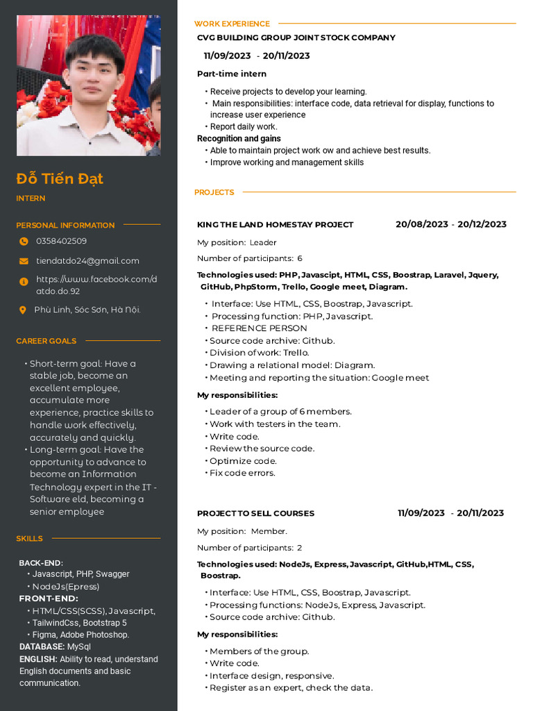 Đỗ Tiến Đạt - IT Intern Resume | PDF | Bootstrap (Front End Framework ...