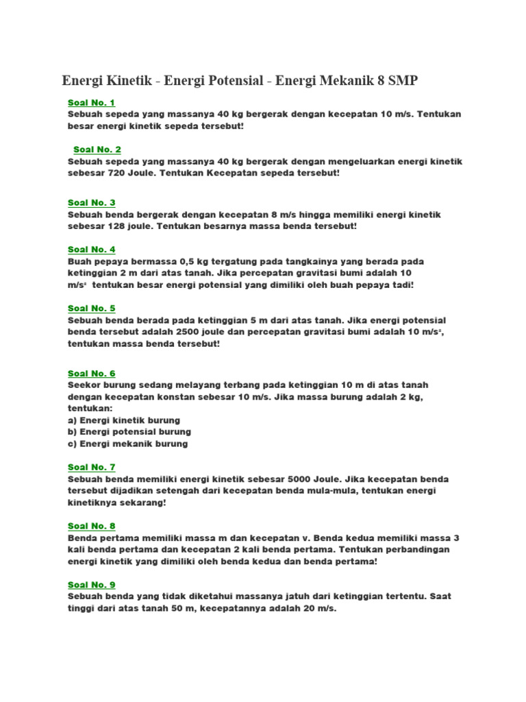 Energi Kinetik, Potensial, Dan Mekanik Kelas 8 SMP | PDF | Sains ...