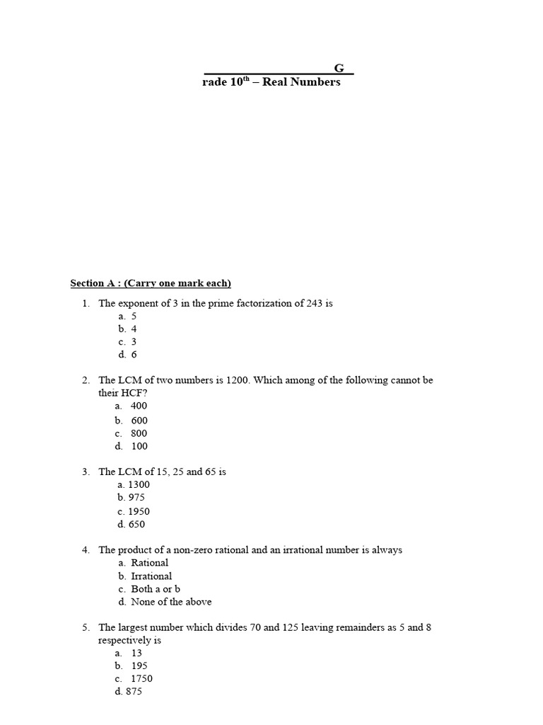 Grade 10 - Math - Real Numbers Worksheet 1 | PDF | Numbers | Prime Number