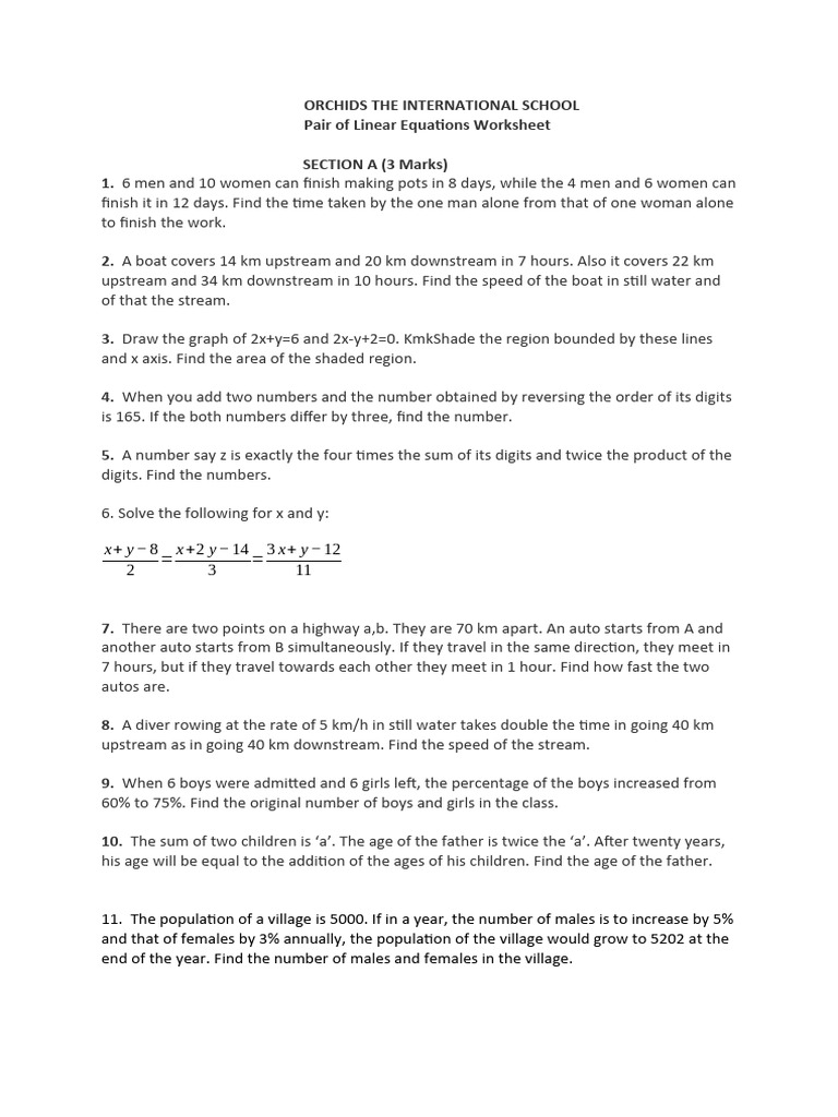 Grade 10-Maths-Pair of Linear Equations Worksheet1 | PDF | Equations ...