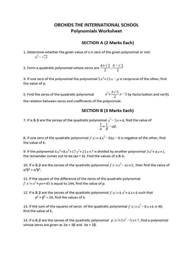 Grade 10-Math-Polynomial Worksheet 2-1 | PDF | Polynomial | Zero Of A Function