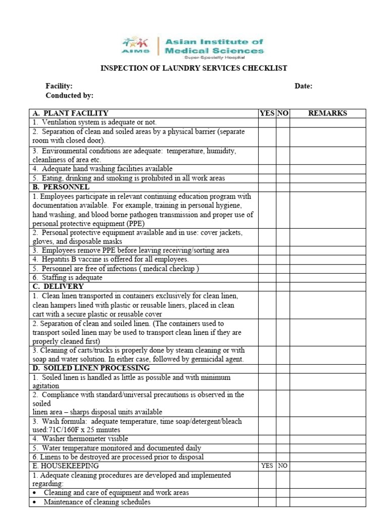 Laundry Services Inspection Checklist | PDF | Personal Protective ...