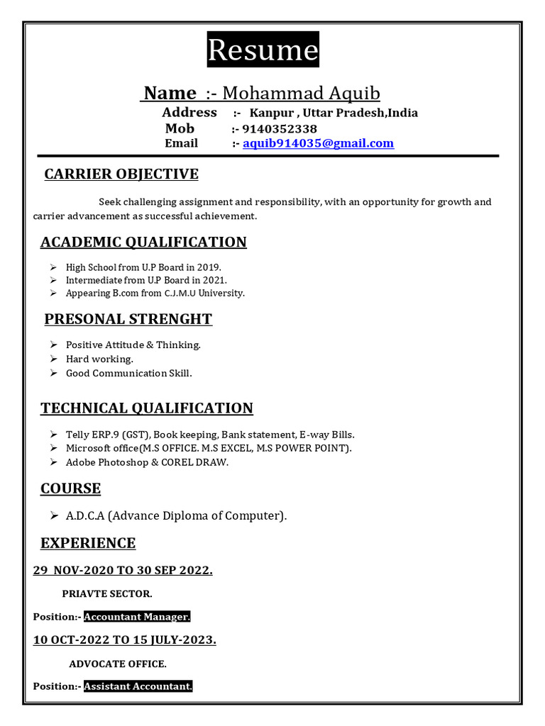 Resume: Name:-Mohammad Aquib | PDF | Career & Growth
