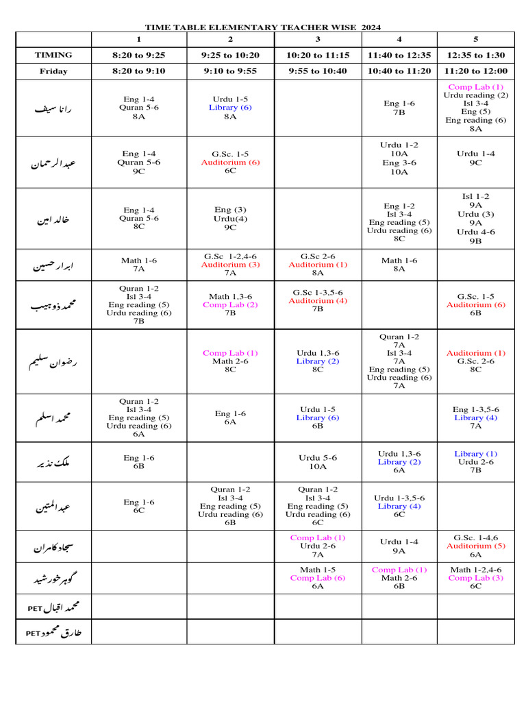 Elementary Teacher Wise Time Table 5 Session 2024 | PDF
