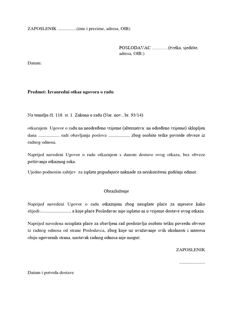 017 Izvanredni Otkaz Zaposlenika | PDF