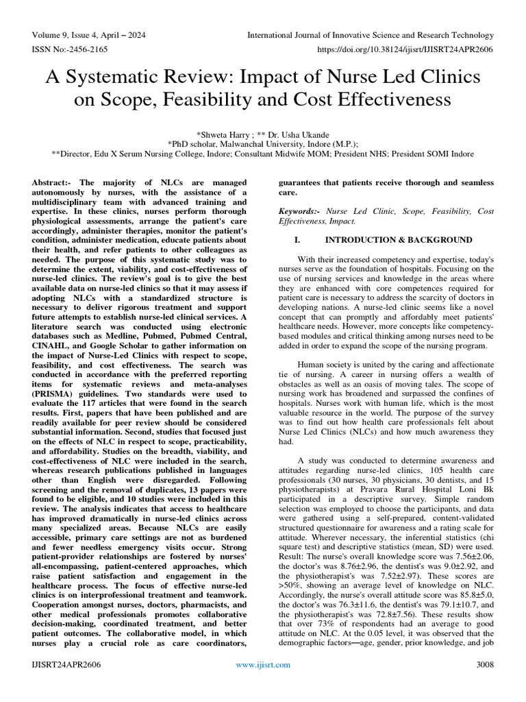 A Systematic Review: Impact of Nurse Led Clinics On Scope, Feasibility and Cost Effectiveness ...