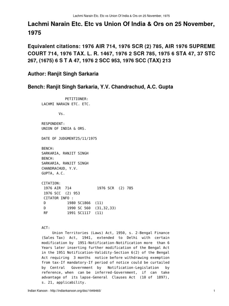 Lachmi Narain Etc Etc Vs Union of India Ors On 25 November 1975 | PDF ...