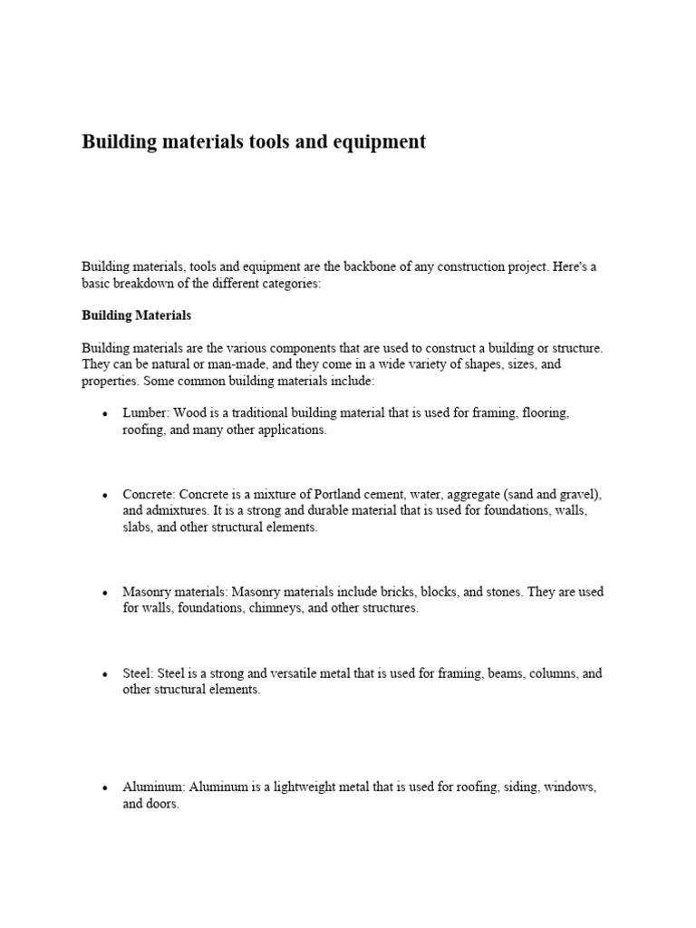 Building Materials Tools and Equipment | PDF | Building Materials ...