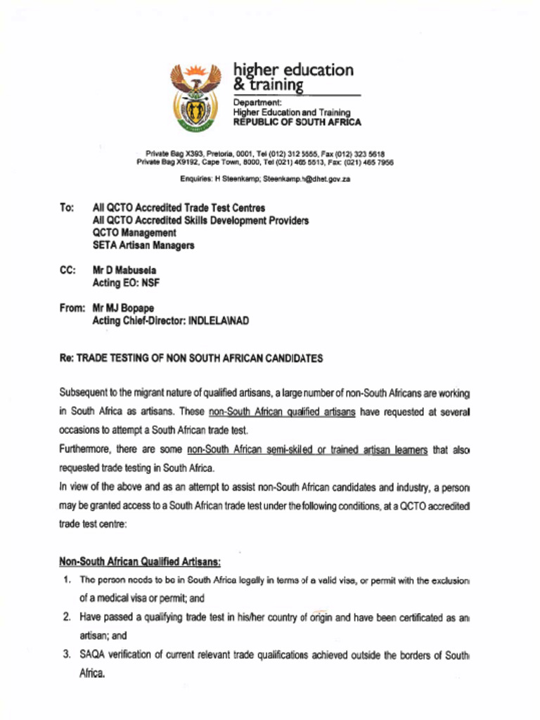 Trade Testing of Non-South African Candidates Memo | PDF