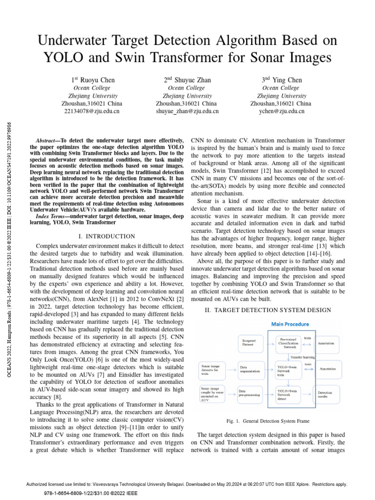 Underwater Target Detection Algorithm Based On YOLO and Swin Transformer For Sonar Images | PDF ...