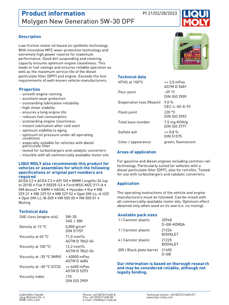 P004283 Molygen New Generation 5W 30 DPF 21 en - GB | PDF | Motor Oil | Engines