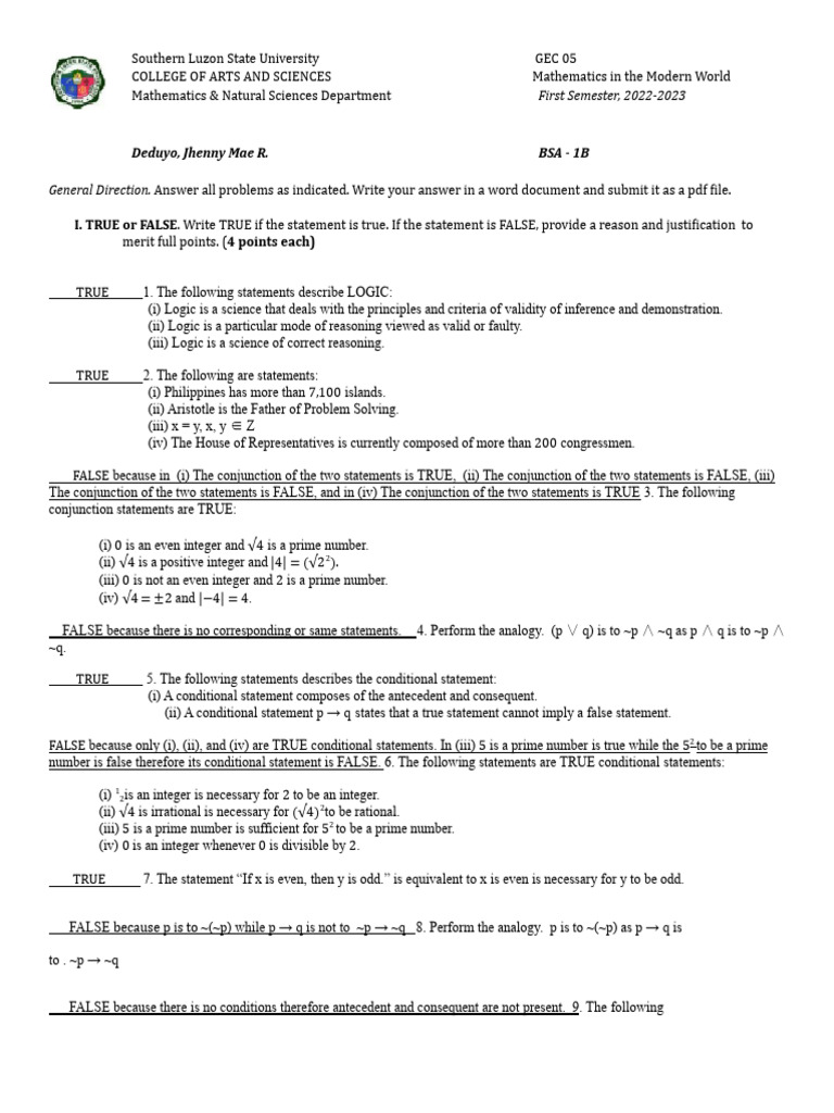 QUIZ - DEDUYO, JHENNY MAE R. BSA-1B GEC 05-Mathematics in The Modern World | Download Free PDF ...