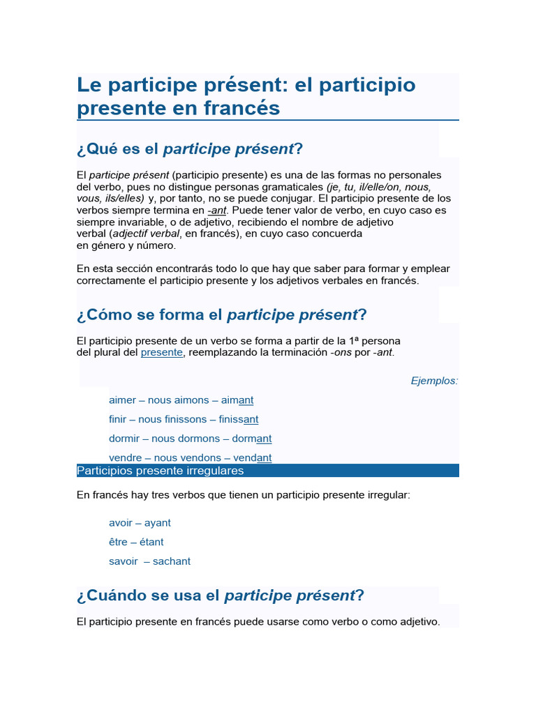 Le Participe Présent | PDF | Verbo | Numero Gramatical