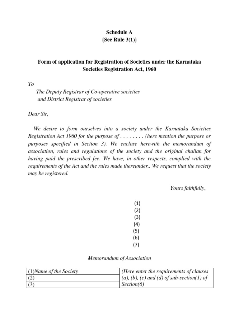 Schedule A - Application-Form-for-Karnataka-Society-Registration | PDF | Justice | Crime & Violence