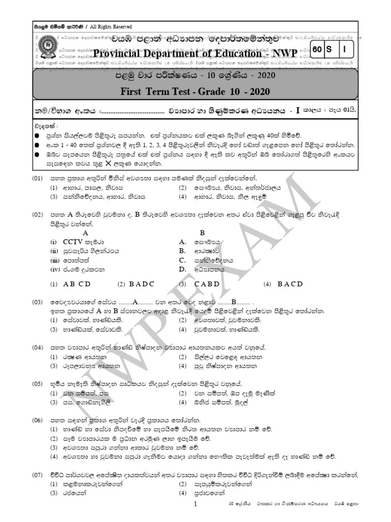 Grade 10 Commerce 1st Term Papers | PDF