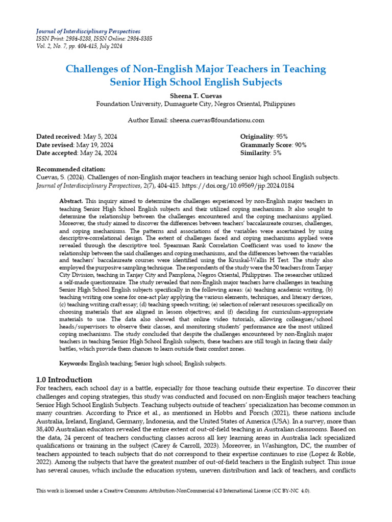 Challenges for Non-English Teachers in SHS | PDF | Teachers | Learning