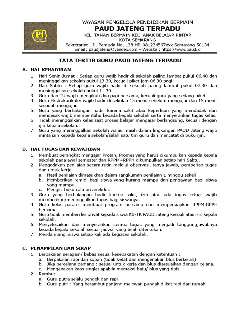 Contoh Tata Tertib Guru Paud TK KB | PDF | Karier & Perkembangan | Kesehatan Holistik