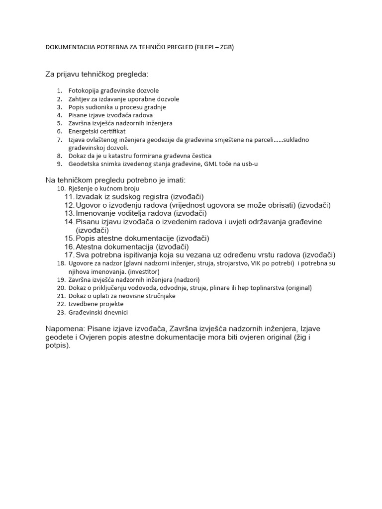 Dokumentacija Potrebna Za Tehnički Pregled | PDF