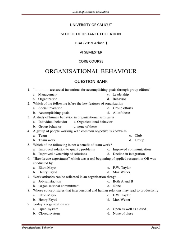 MCQ- Organisational Behaviour | PDF | Classical Conditioning | Organizational Behavior