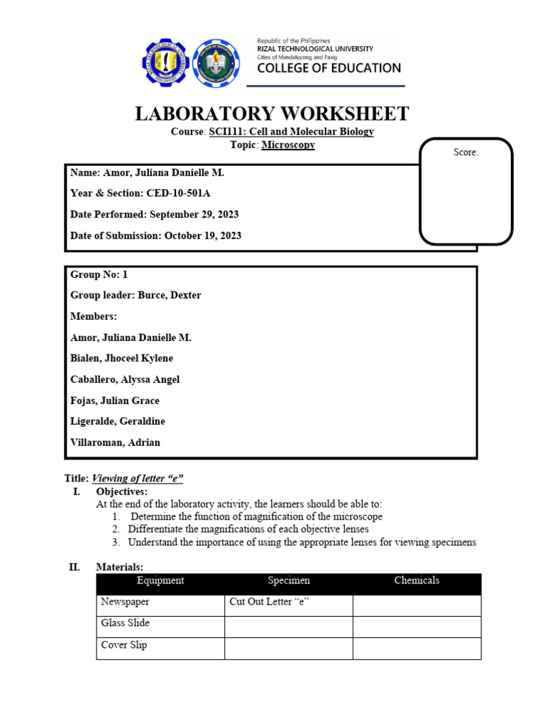 Laboratory Worksheet - Amor | PDF | Osmosis | Microscope
