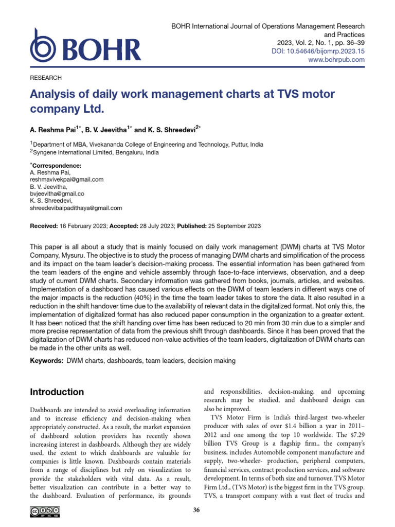 Analysis of Daily Work Management Charts at TVS Motor Company LTD ...