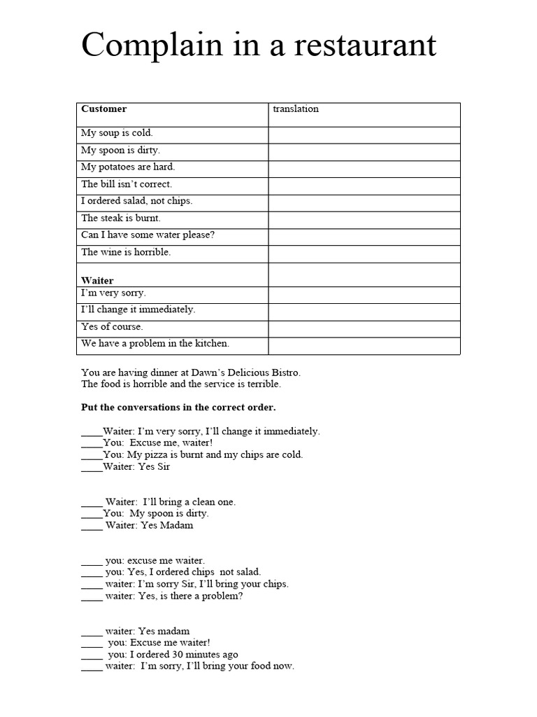 Restaurant Complaint Scenarios Guide | PDF