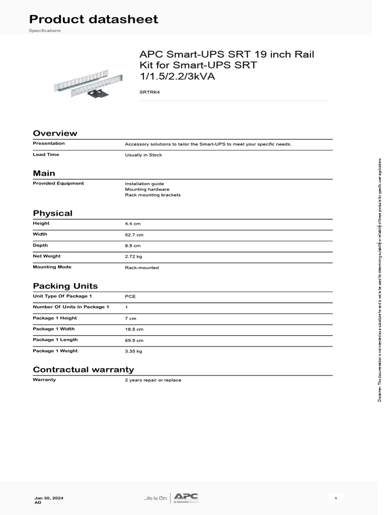 APC SmartUPS-Accessories SRTRK4 | PDF