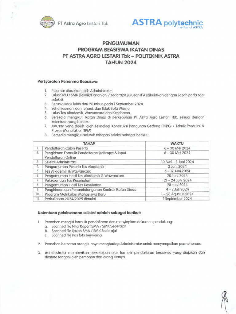 Pengumuman Program Ikatan Dinas Aal-Poltek Astra 2024 | PDF