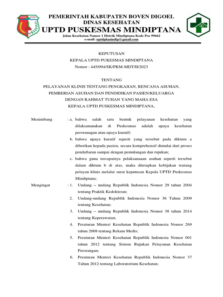 SK PELAYANAN KLINIS Tentang Pengkajian Rencana Asuhan, Pemberian Asuhan Dan Pendidikan Pasien ...