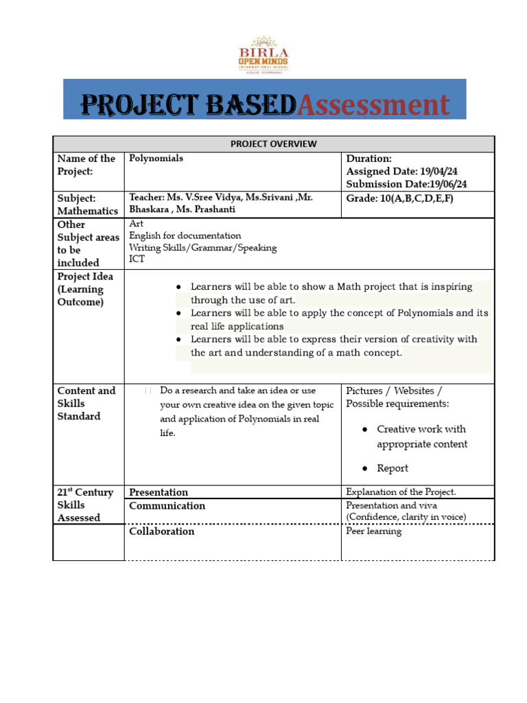 GR 10 Mathematics Project Based Assessment 2024-25 | Download Free PDF ...