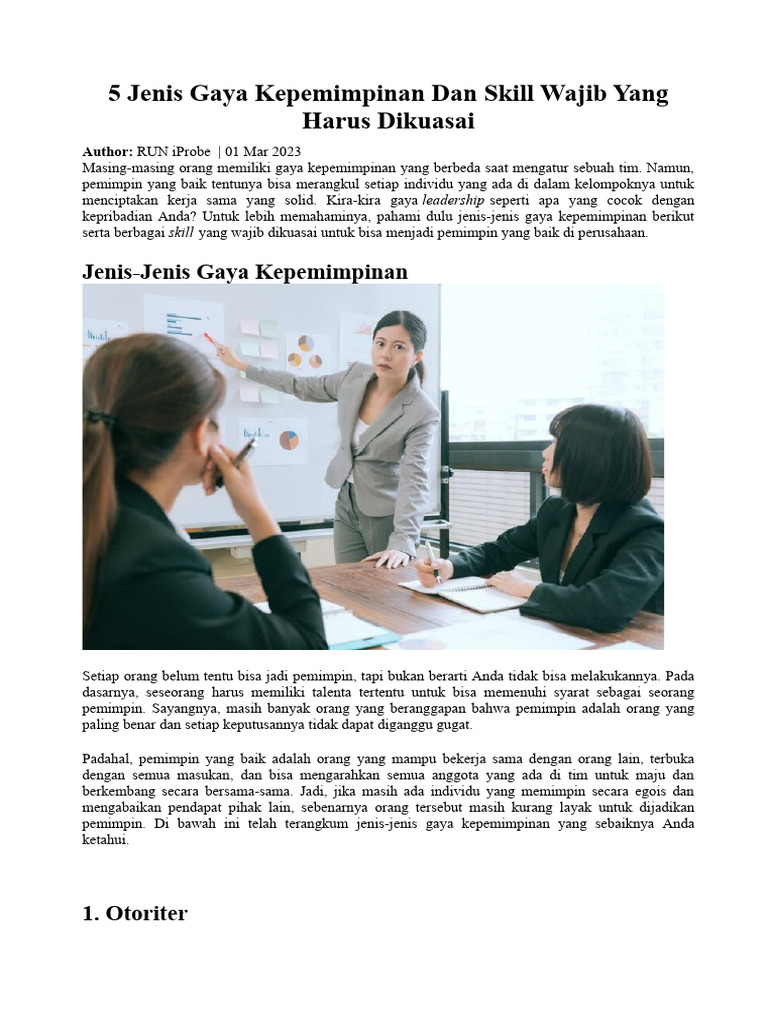 5 Jenis Gaya Kepemimpinan Dan Skill Wajib Yang Harus Dikuasai | PDF