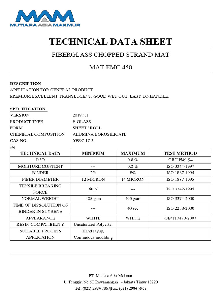 TDS Mat 450 | PDF | Fiberglass | Materials Science