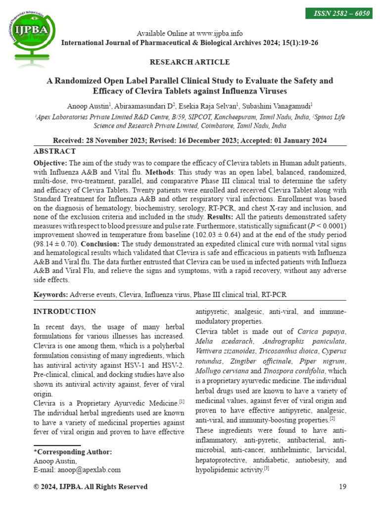 A Randomized Open Label Parallel Clinical Study To Evaluate The Safety and Efficacy of Clevira ...