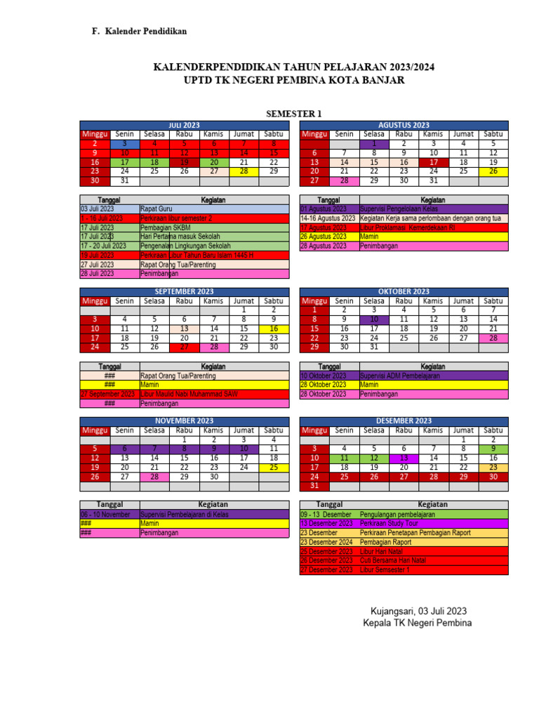 Kalender Pendidikan 2023/2024 TK Banjarmasin | PDF