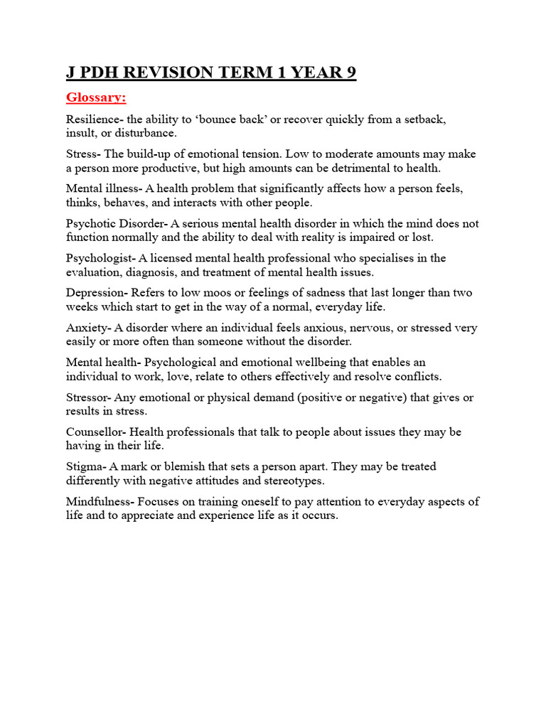 PDH Revision Term 1 Year 9 | PDF | Mental Disorder | Anxiety Disorder