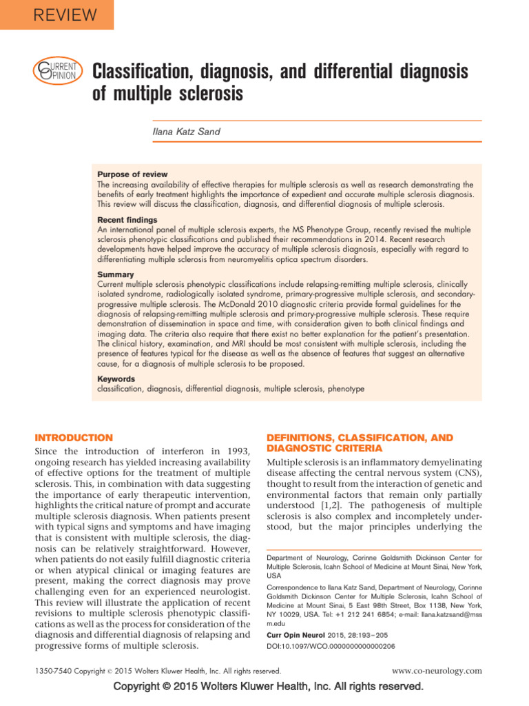 Classification, Diagnosis, and Differential Diagnosis of Multiple Sclerosis | PDF | Multiple ...