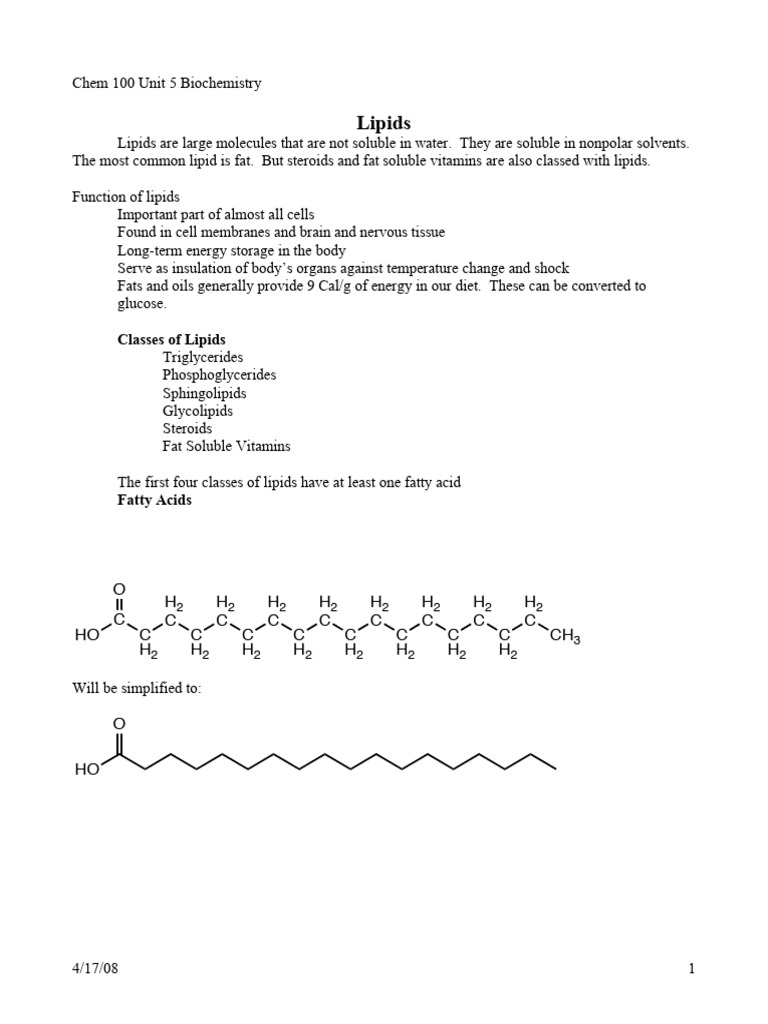Chem 100 Unit 5 Biochemistry | PDF | Carbohydrates | Fatty Acid