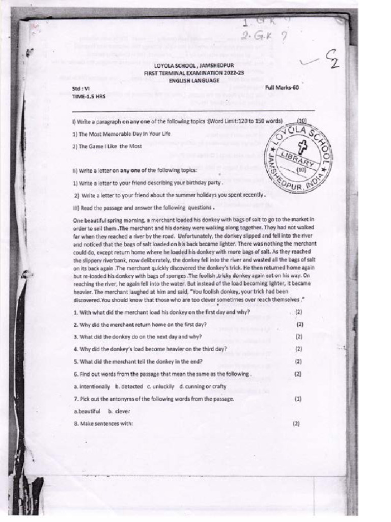 Term Papers Question Papers 2022-23 class 6 Loyola(1)-compressed | PDF