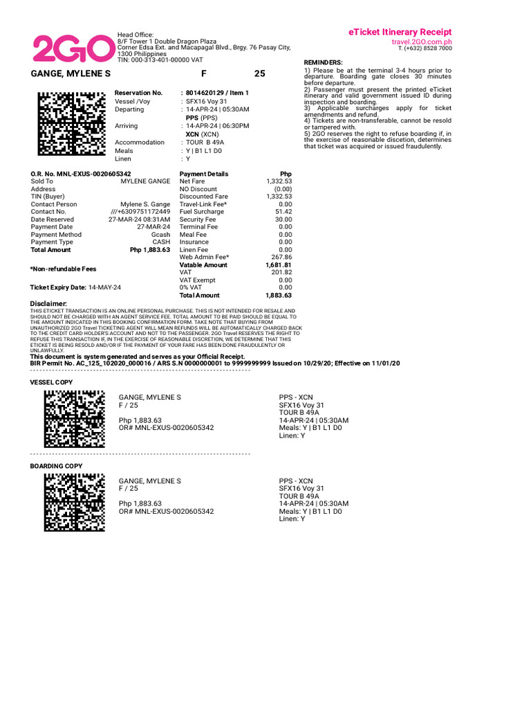 2GO Travel - Itinerary Receipt | PDF | Legal Liability | Ticket (Admission)