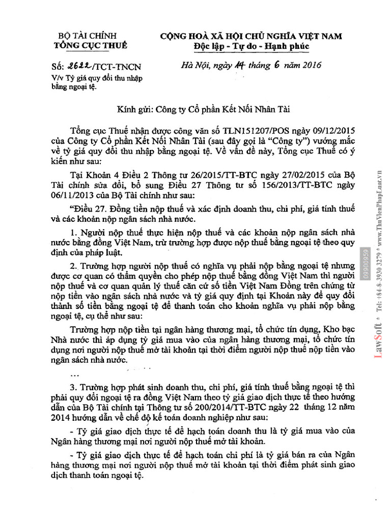 2622 - TCT-TNCN - Quy Dinh Ty Gia Quy Doi Luong Nguoi NN Tinh Thue TNCN | PDF