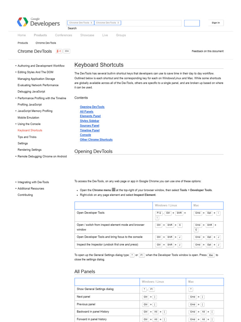 Keyboard Shortcuts - Chrome Dev Tools - Google Developers | PDF | System Software | Computing