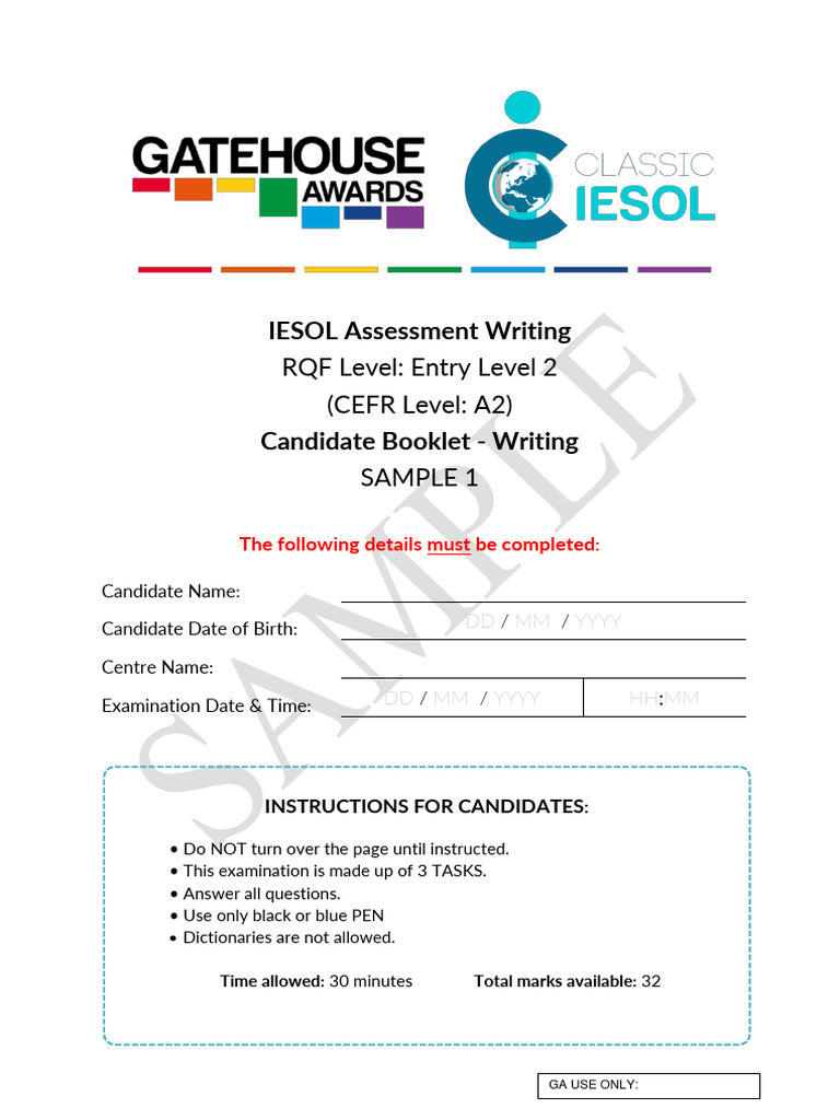 GA Classic IESOL A2 E2 Candidate Booklet Writing Sample 1 | PDF