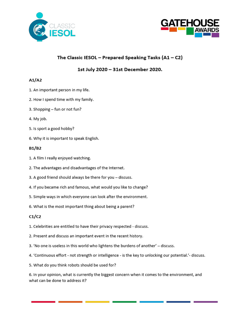 The Classic IESOL Prepared Speaking Tasks A1 C2 July Dec 2020 | PDF | Social Science