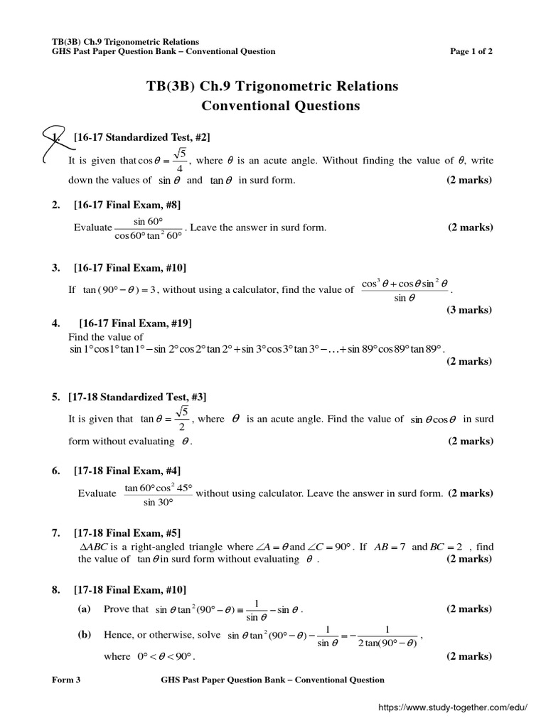 Good Hope School 16 21 3b Ch 9 Trigonometric Relations Cq Pdf Elementary Mathematics