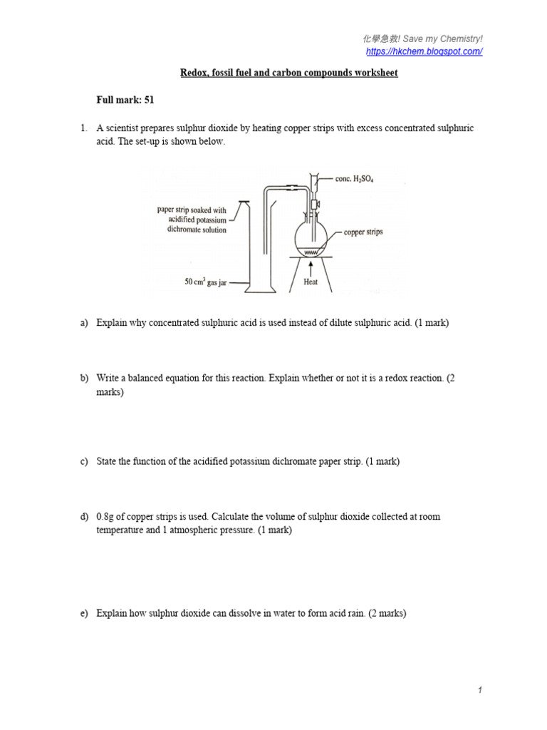 Chemistry Redox and Carbon Compounds Worksheet | PDF | Electrode ...