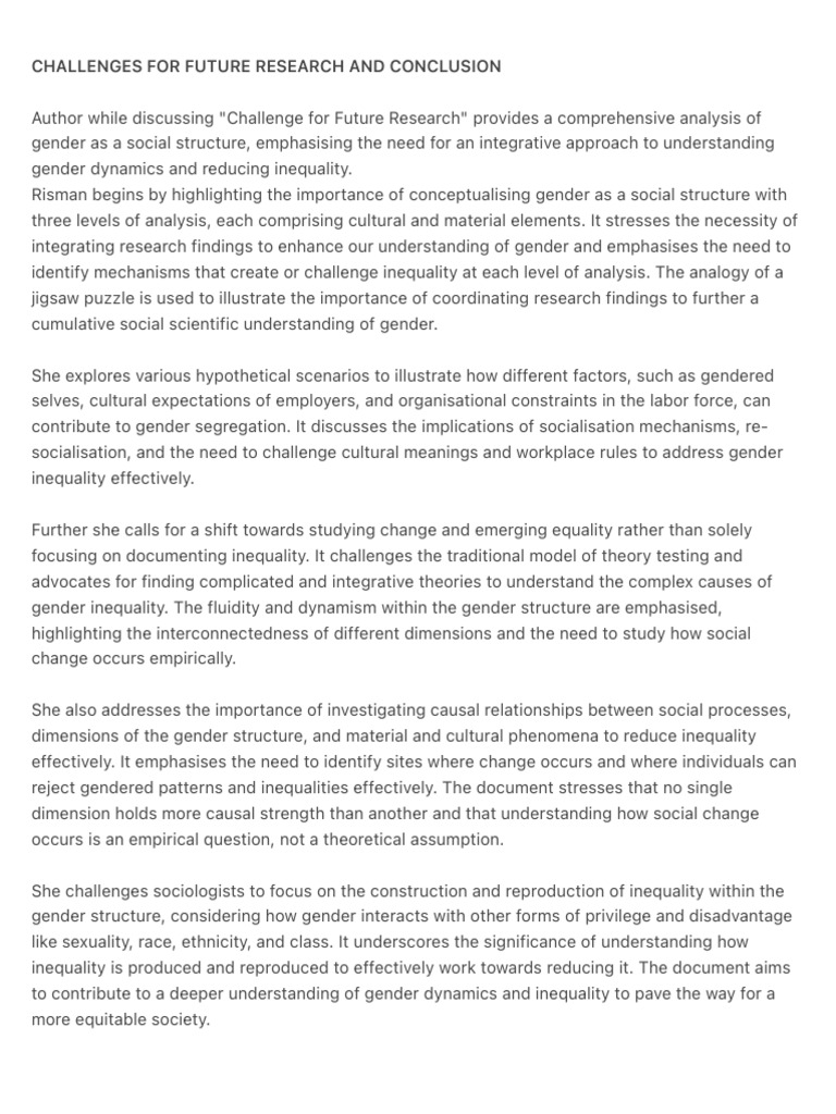 Gender Dynamics: Future Research Challenges | PDF | Gender | Gender Studies